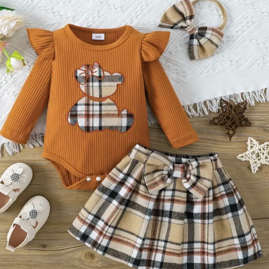 BODY MANGAS LARGAS Y POLLERA CUADRILLE CON VINCHA T 3-6 MESES ...